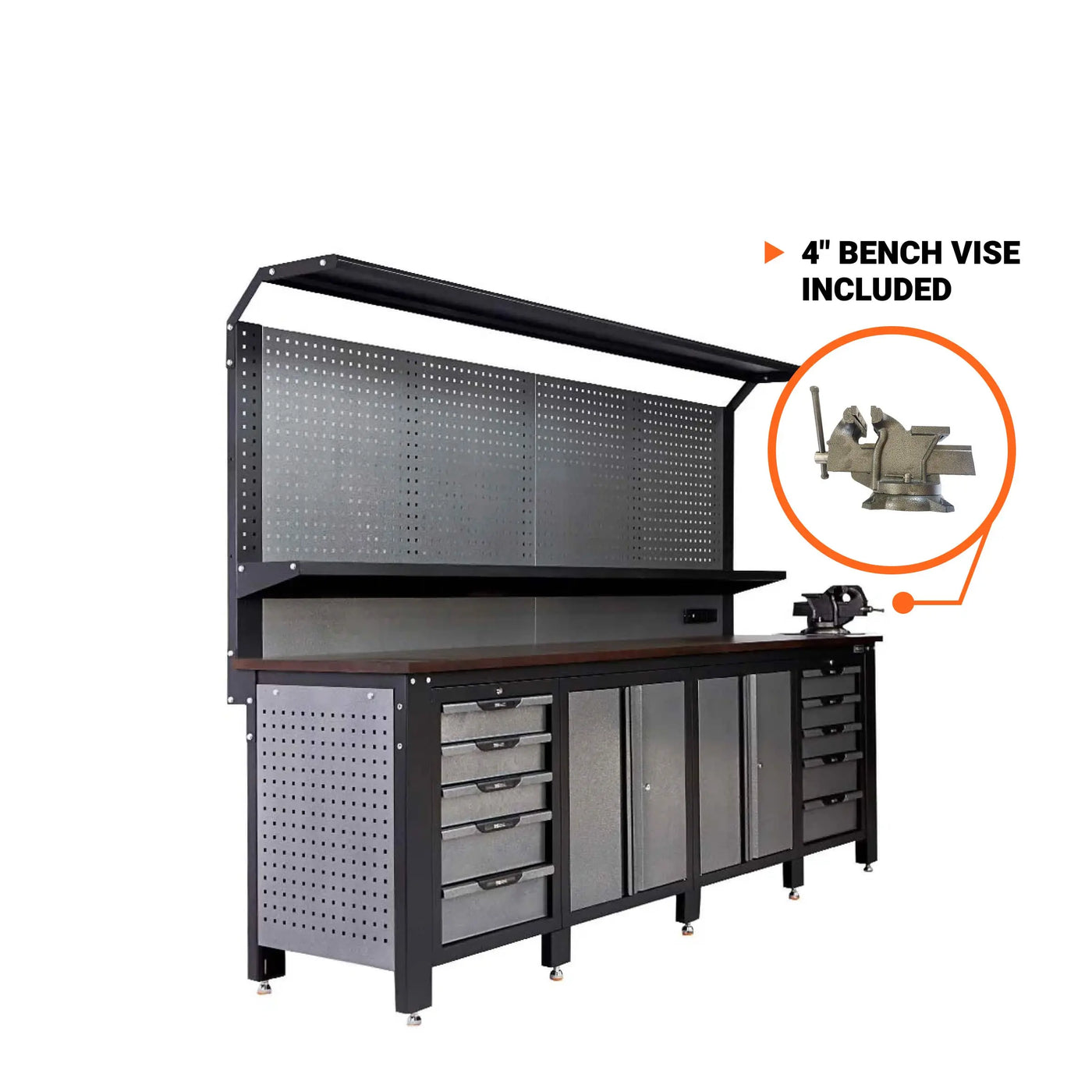TMG 10' Commercial Workbench with Pegboard, Wood Top & Bench Vise
