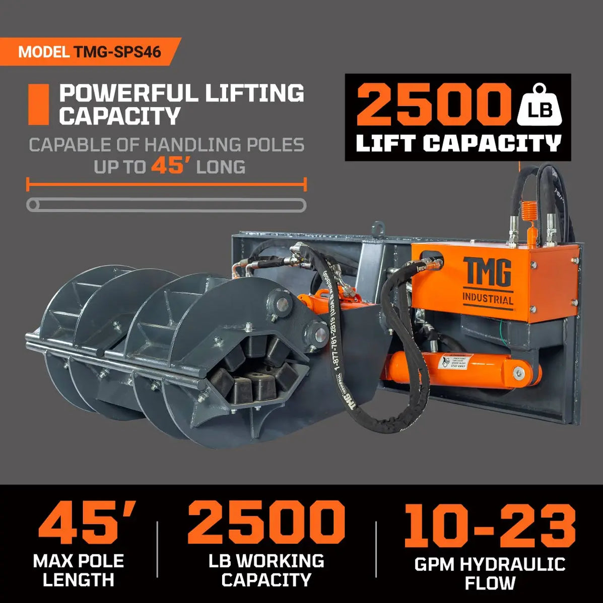 2500-lb Skid Steer Pole Setter, 45' Pole Capacity, 0°-100° Claw