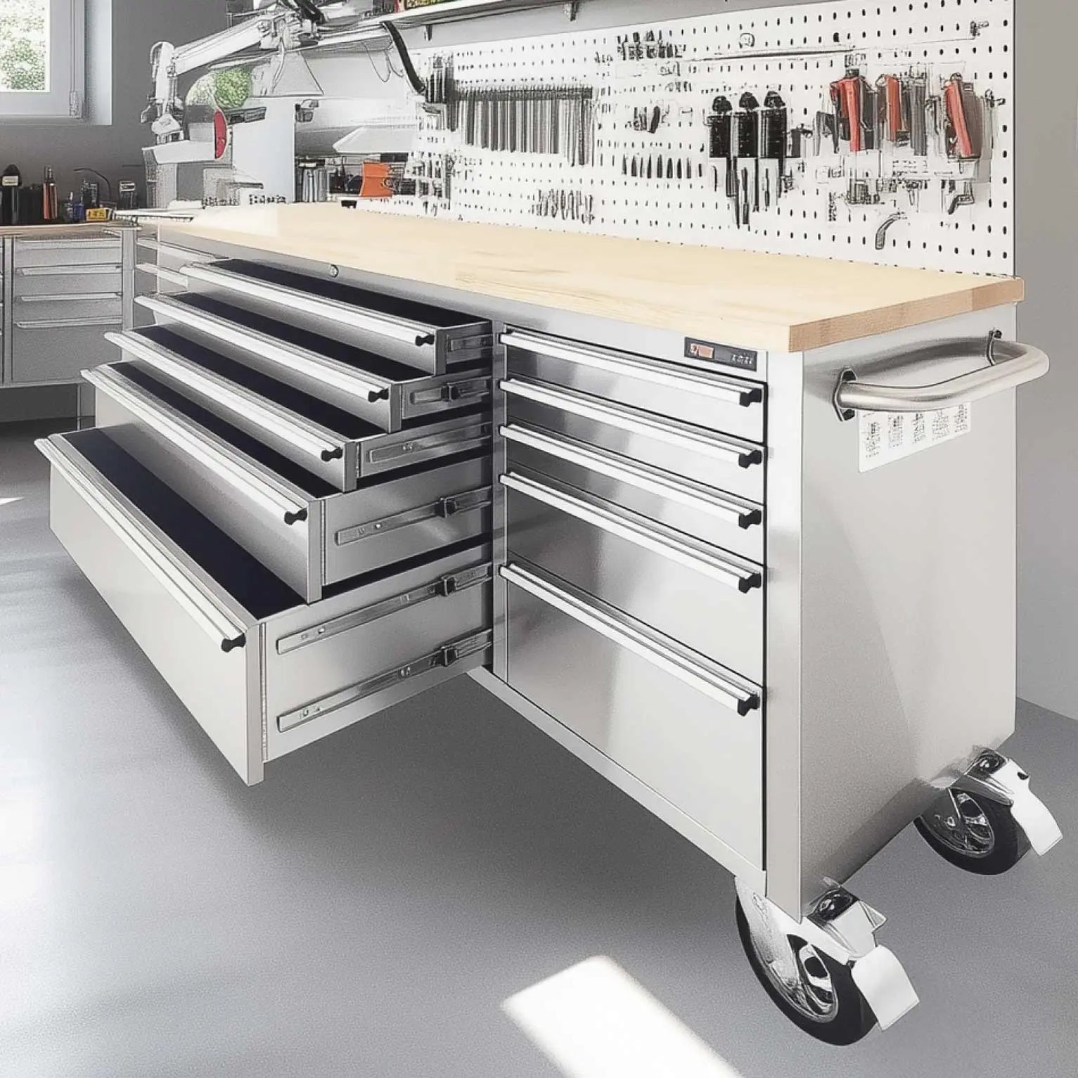 72" Stainless Steel Rolling Workbench, Rubberwood Tabletop, 15