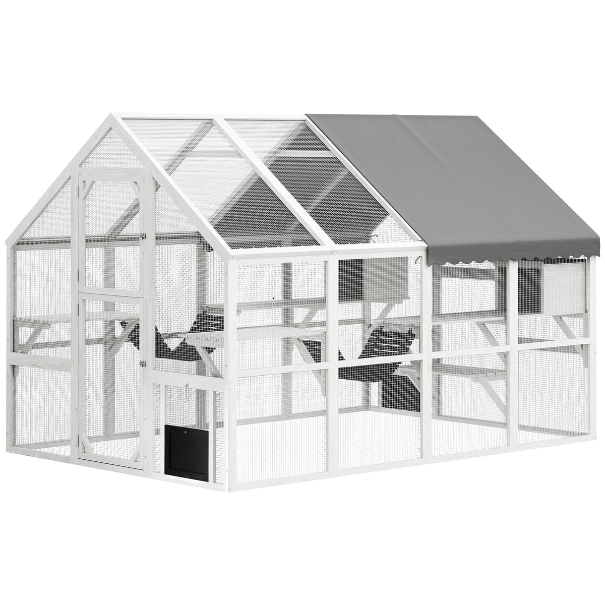 Wooden Outdoor Catio with Waterproof Cover, 2 Condos, 6 Platforms