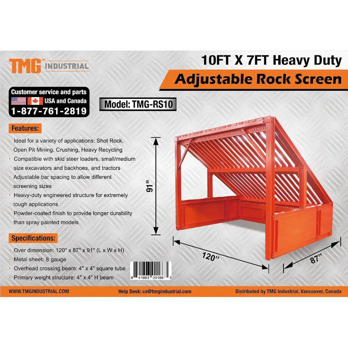 10’ Heavy Duty Static Grizzly Rock Screen, Adjustable Bolt-On Deck