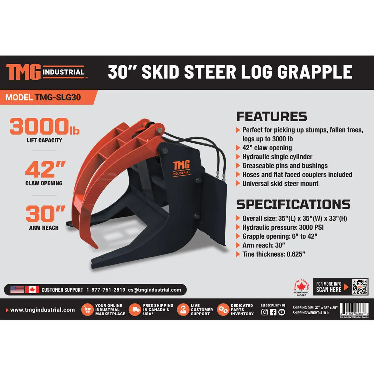 30" Skid Steer Log Grapple Attachment, 42" Claw Opening, 3000-lb Grapp