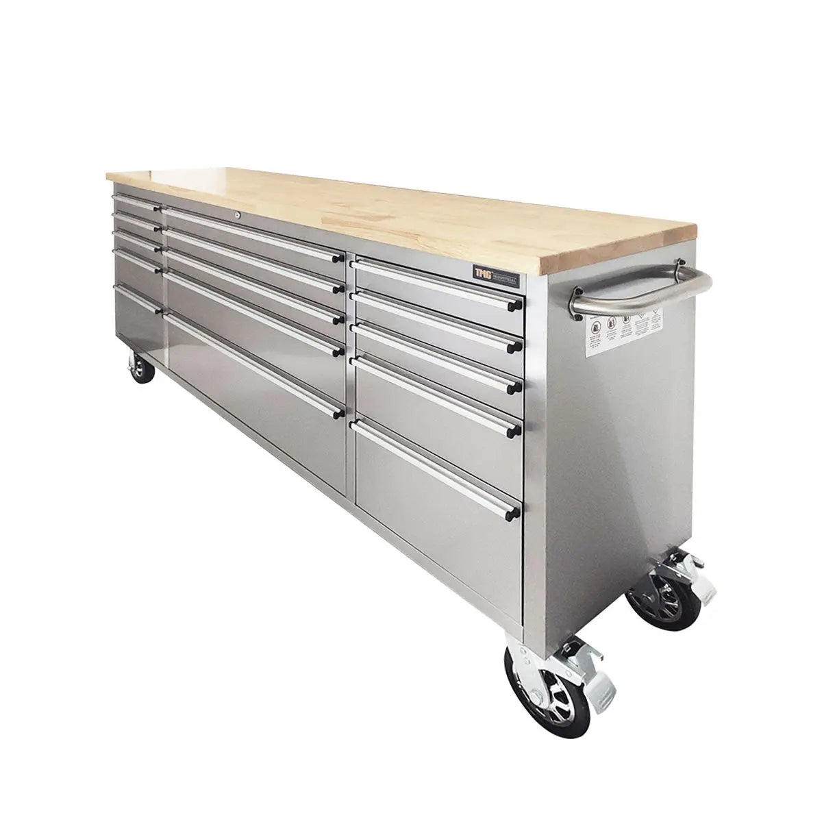 72" Stainless Steel Rolling Workbench, Rubberwood Tabletop, 15