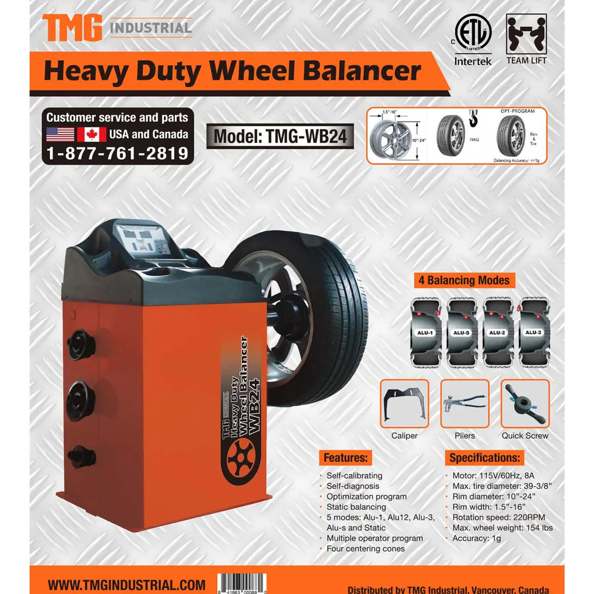 TMG Self-Calibrating Wheel Balancer, 10–24" Rims, ±1 g, 220 RPM