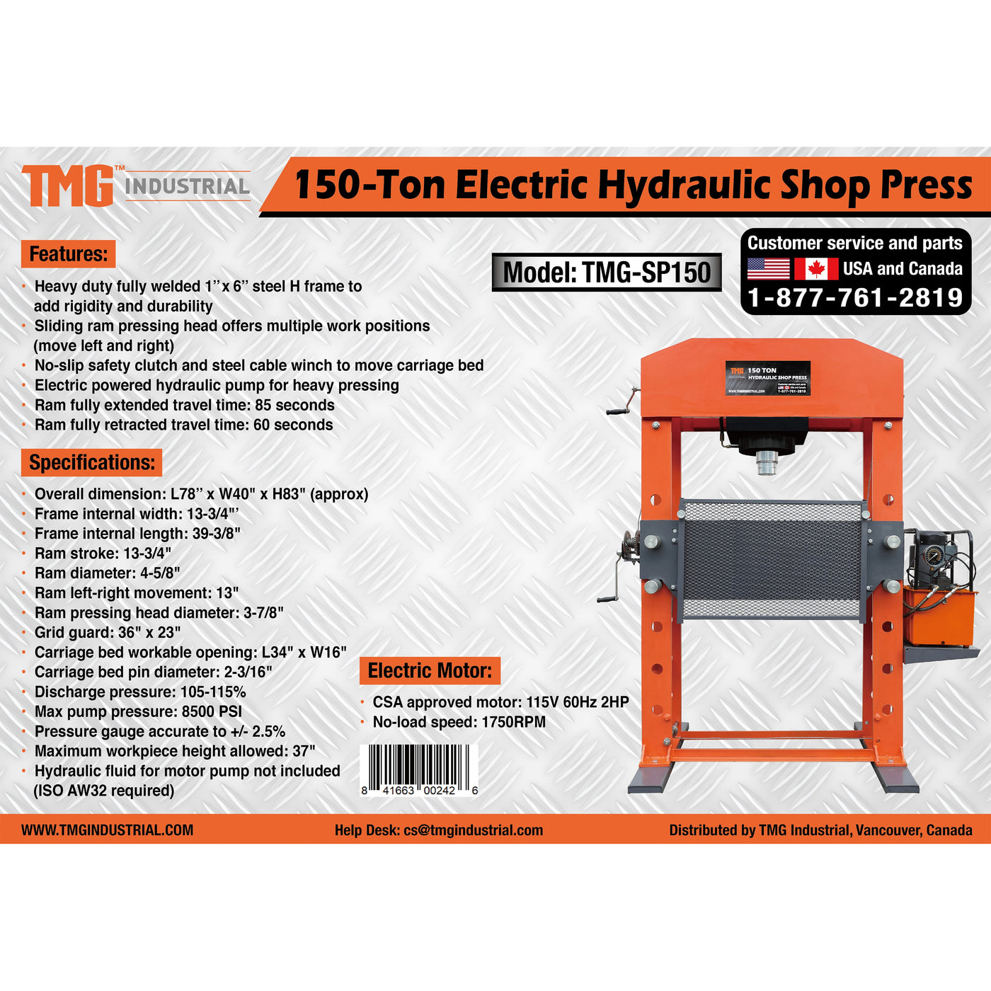 TMG Industrial 150 Ton Capacity Hydraulic Shop Press, Heavy Duty Press ...
